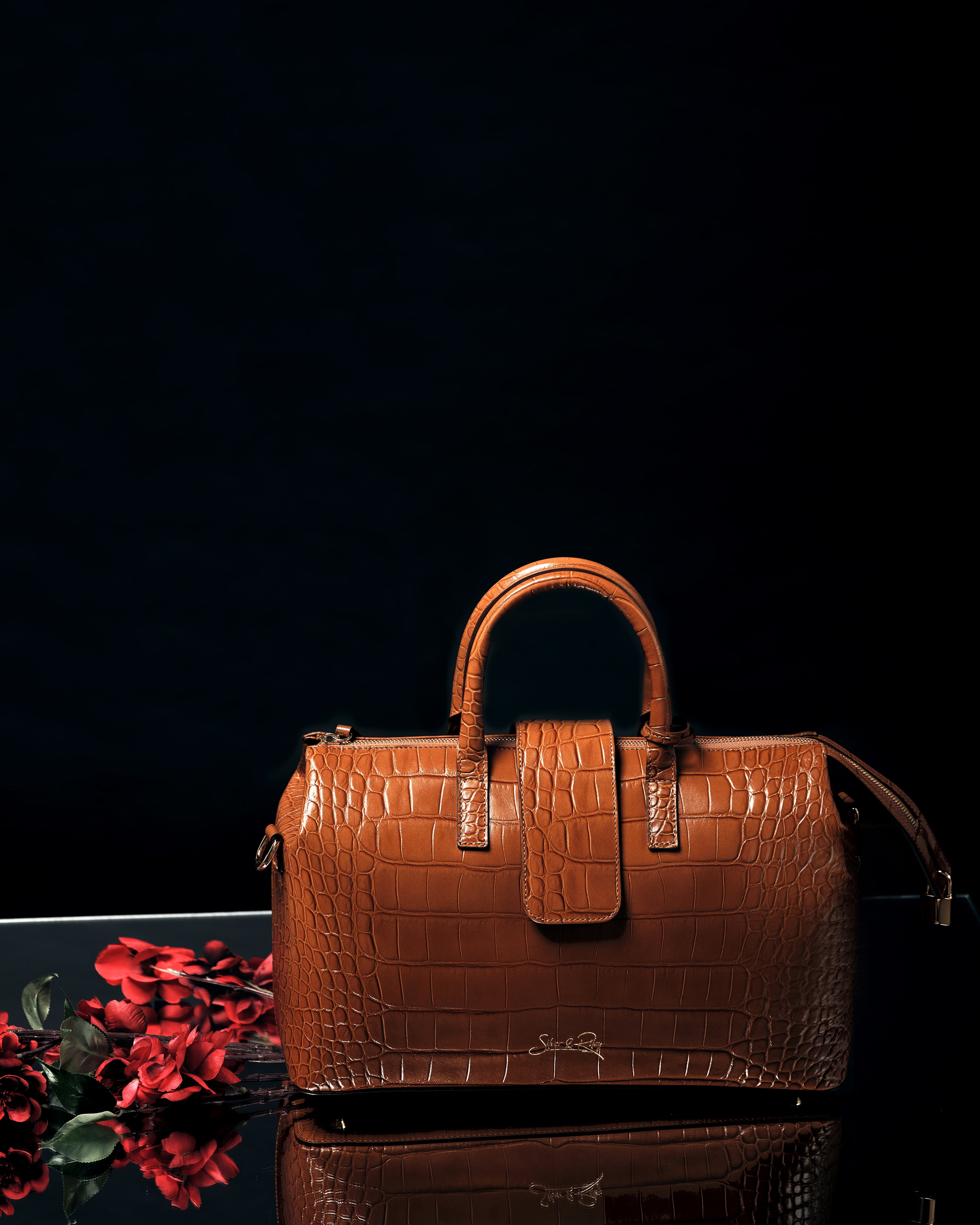 Convertible Executive Leather Bag in Crocodile Print Camel | Silver & Riley
